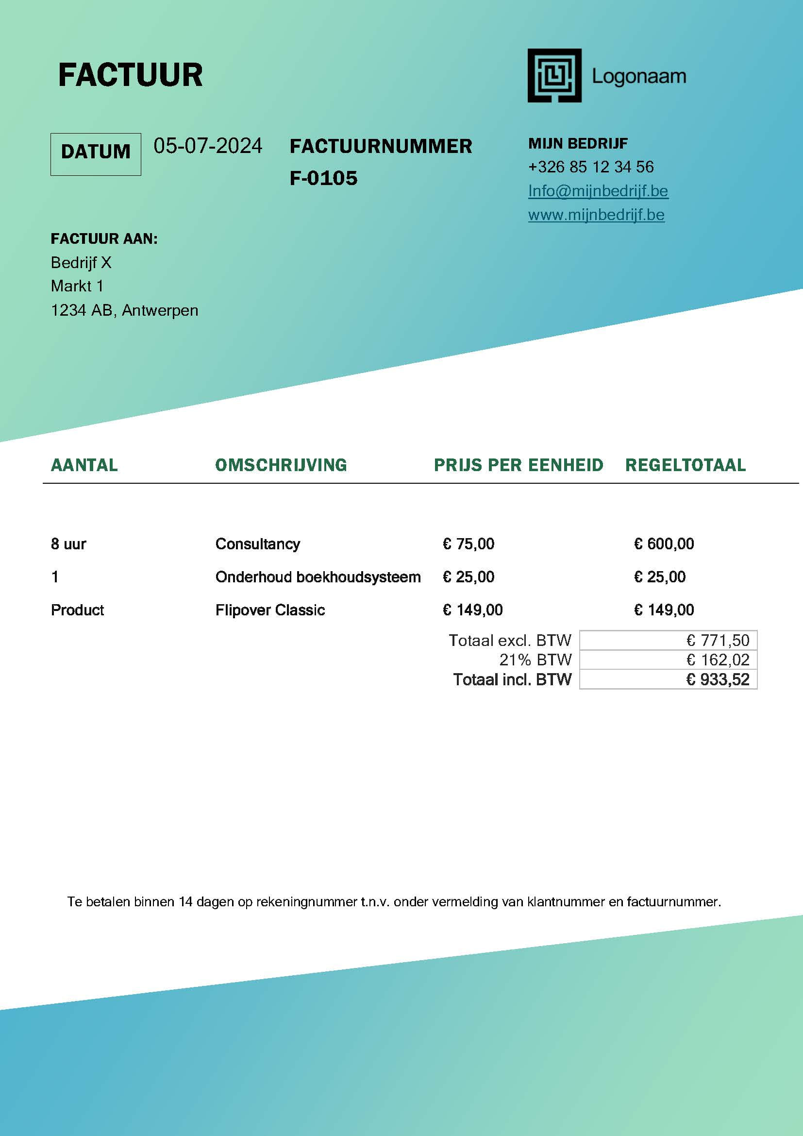 Gratis voorbeeldfactuur - Word & PDF template