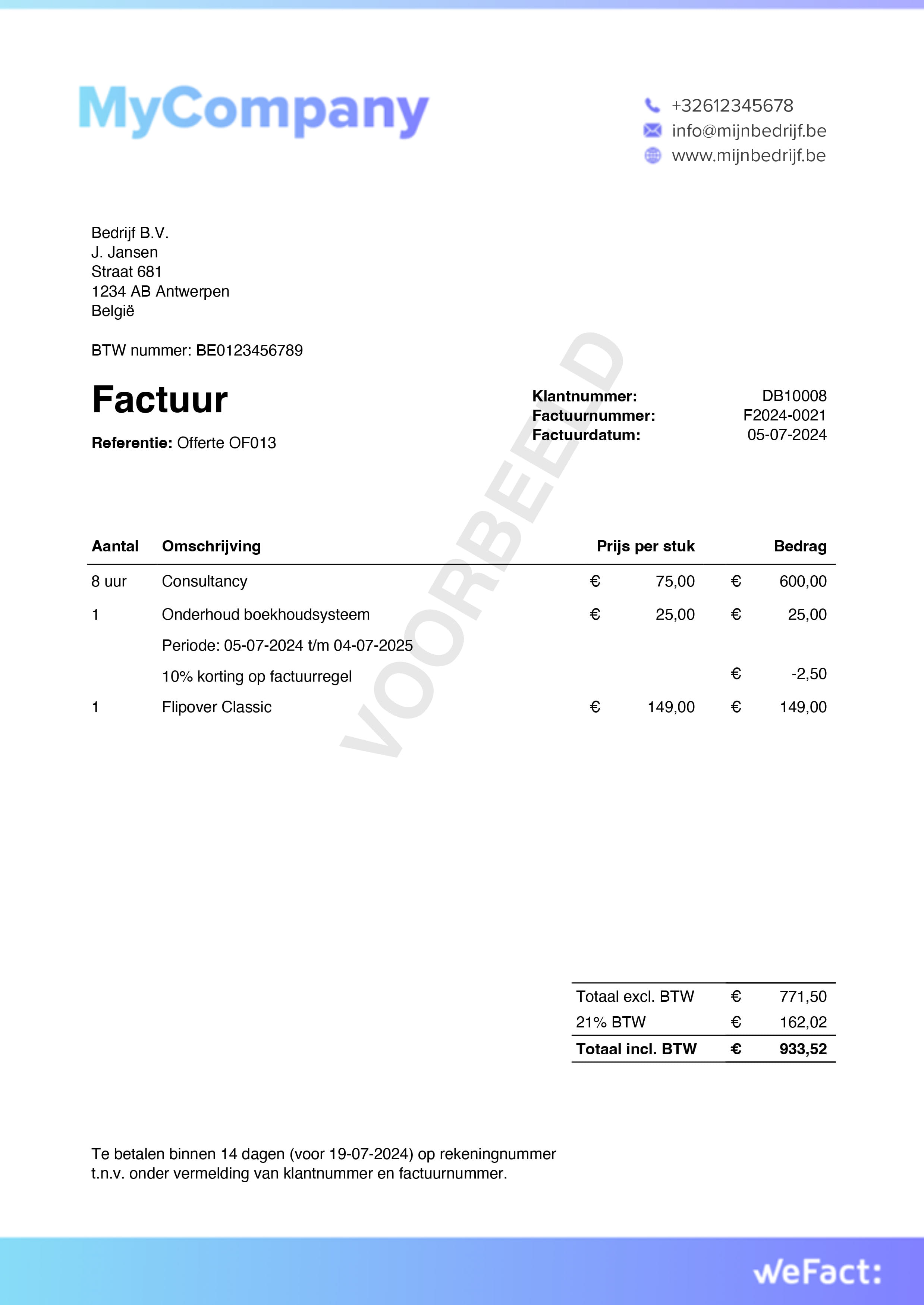 Gratis voorbeeldfactuur - Word & PDF template