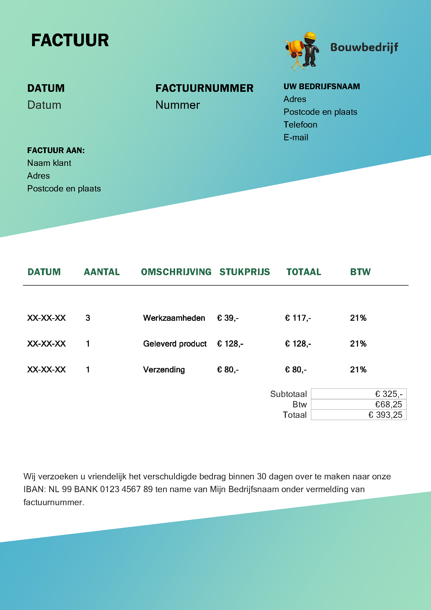 Bouw factuur voorbeelden